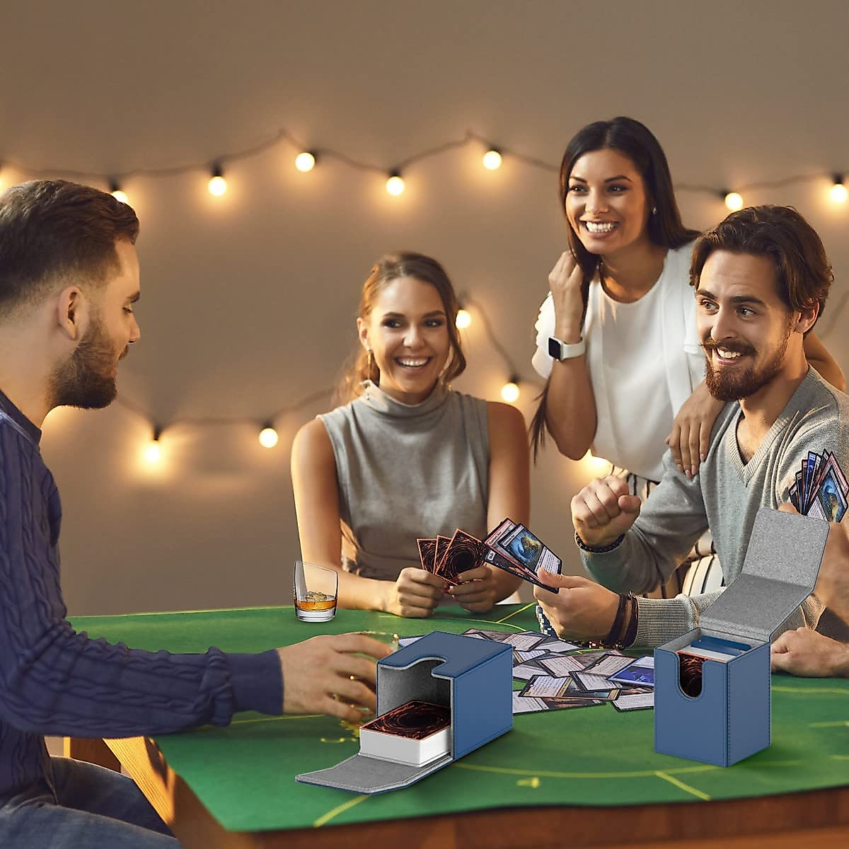 Bheddi Card Deck Box compatible with YGO Cards, Card Holder Cases with 2 Dividers per Holder, Large Size Fit 110 Cards (Spellbind) (Blue)