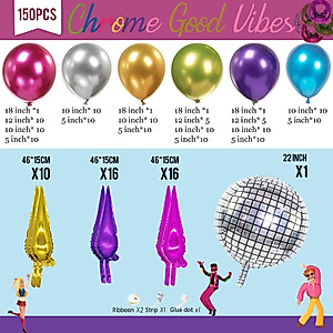 Metallic Balloon garland kit 150PCS Hot Pink Purple Green Blue Silver Gold Latex starburst 80s 90s Disco ball Party Balloons for Birthday Graduation last bachelorette Decoration new year eve supplies