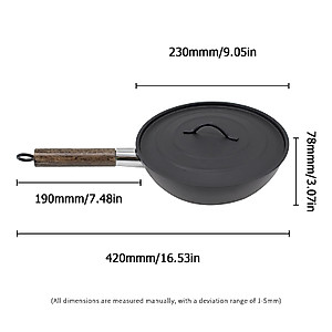 POLARBEAR Camping Iron Stir-Fried Wok 9" Uncoated Chinese Style Small Deep Wok Flat Bottom Wok with Iron Lid & Handle for All Stoves