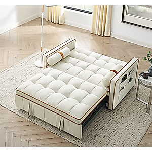 YWUFUART Modern 55.5 '' Pull-Out Sofa Bed, Double Sofa Side Pockets, Velvet Sofa Couch, Adjustable Backrest and Waist Pillow for Apartment Office Living Room(Beige)