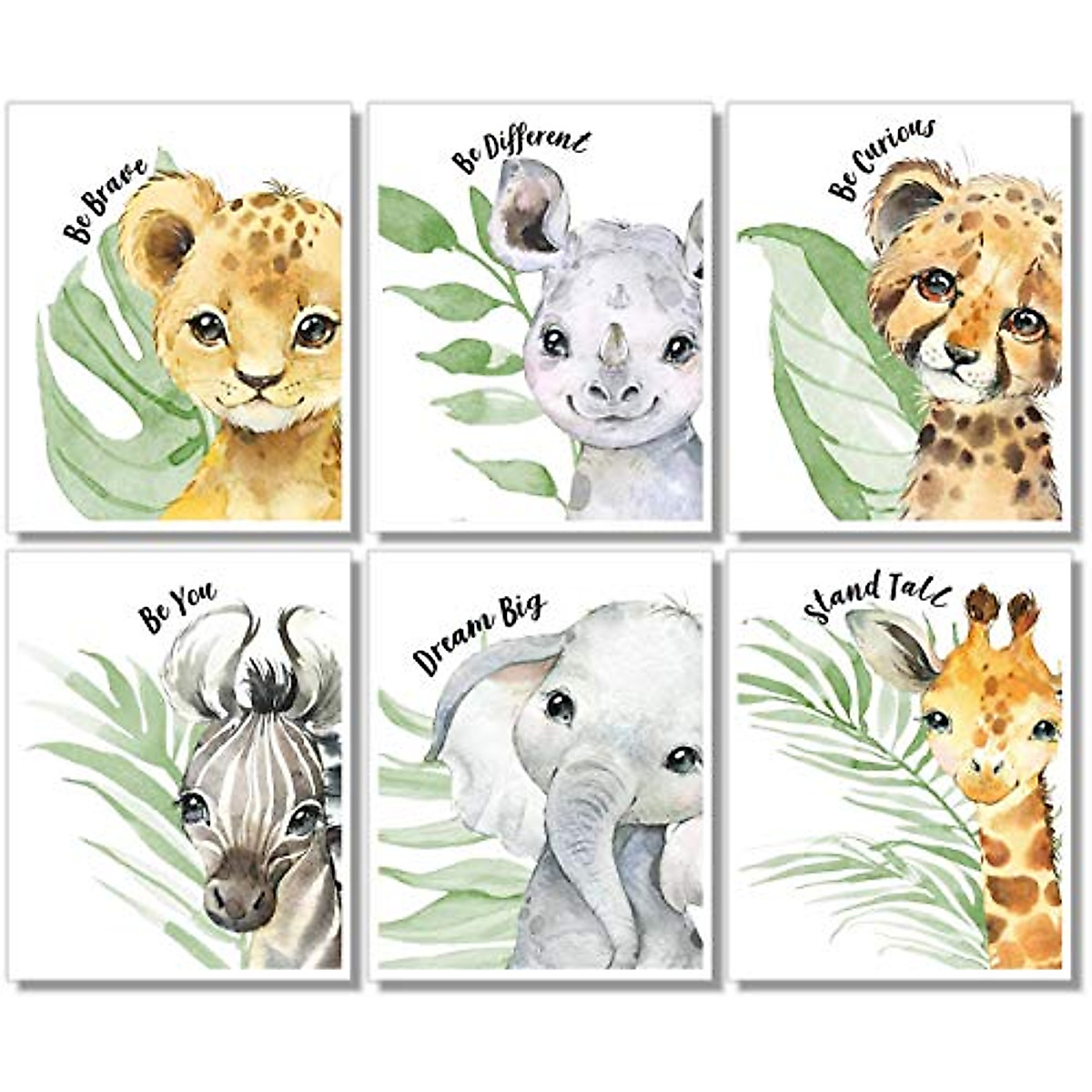 Baby Safari Animals Wall Art Prints - Nursery Decor - Set of 6-11x14 - Unframed - Watercolor