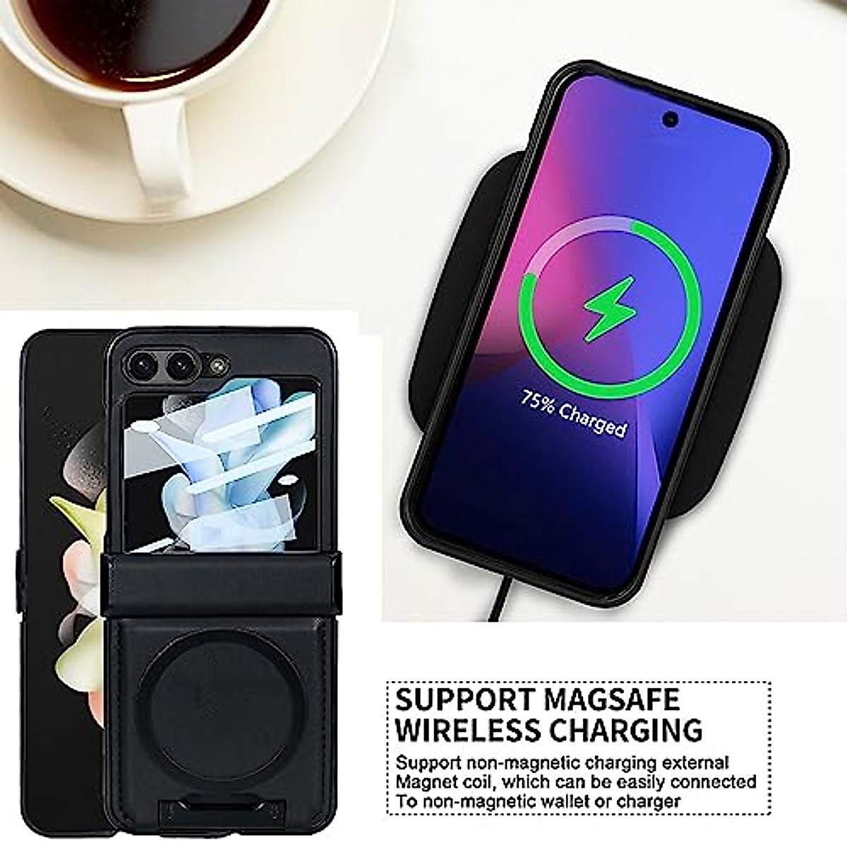 teroxa for Samsung Galaxy Z Flip 5 Case, Hidden Kickstand, Magnetic Ring Compatible with MagSafe Wireless Charger, Cover Luxury Leather Back (Black) (Black)