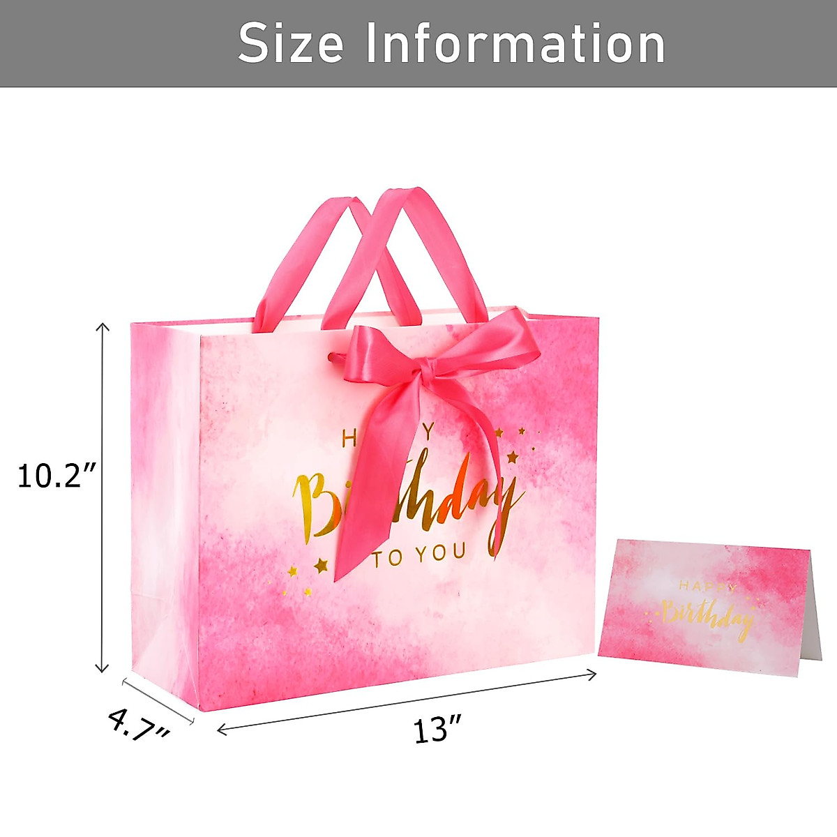 Nihuecne 13" Large Birthday Gift Bag with Card and Tissue Paper, Big Pink and Gold Birthday Wrap Paper Gift Bag with Satin Ribbon Handles for Girls and Women's Birthday Party