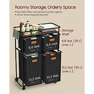 VASAGLE Laundry Sorter, Laundry Basket with Wheels, 39.6 Gal. (150 L) Rolling Laundry Hamper, Portable Laundry Cart with Shelf, 4 Removable Liners and 6 Labels, Ink Black and Chestnut Brown URLS100B01