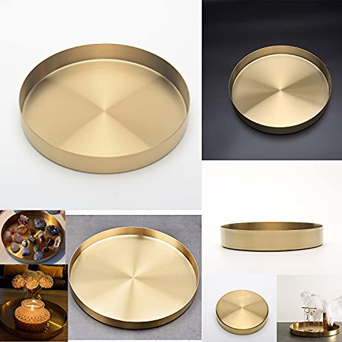 Gold Round Trays, Stainless Steel Metal Serving Tray, Home Decorative Bathroom Vanity Counter Top Organization Storage Tray for Jewelry/ Cosmetic/ Kitchen Tableware
