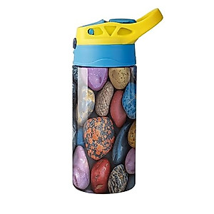 Stainless Steel Water Bottles Pebbles And Rocks Travel Water Cups with Handle And Silicone Straw Drinking Cup with Leak Proof Lid Thermo Travel Mug for Women Men