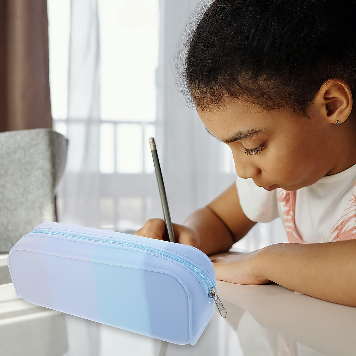 Silicone Pencil Case Pouch Bag Candy Color Pencil Case Cute Pen Case Silicone Pencil Case Small Cute Aesthetic Zipper Pencil Pouch for Travel Cosmetics Makeup Sky-blue