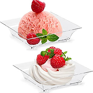 TOFLEN 100ct 1 oz Mini Dessert Plates with Tasting Spoons - Reusable Clear Plastic Square Party Serving Trays Mini Plates for Appetizers, Chocolates, Ice Cream, Fruit and More