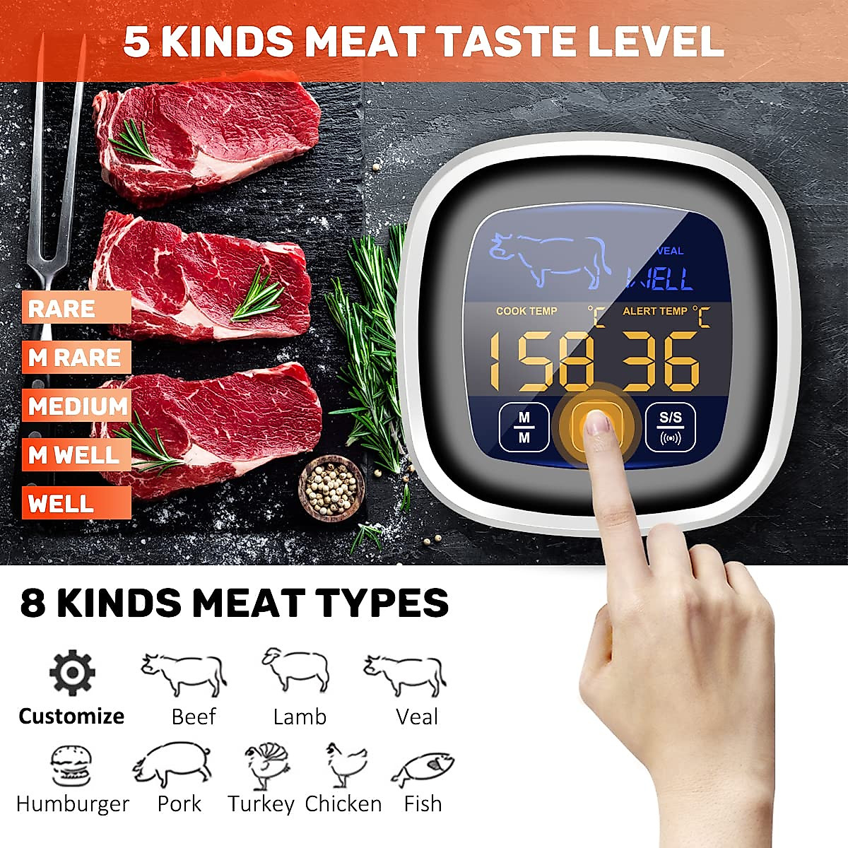 Vedozo Digital Meat Thermometer for Cooking, Instant Read LCD Touchscreen Food Thermometer with Long Probe, Cooking Thermometer and Clock Timer for Kitchen, BBQ, Oven by Giveme5