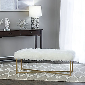 HomePop Faux Fur Rectangle Dining Bench with Metal Base, White