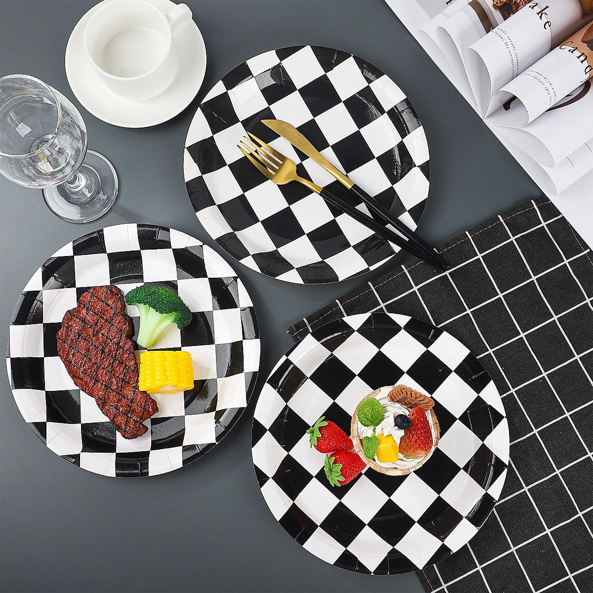 50 Packs Racing Car Paper Plates 9" Black and White Disposable Plates Checkered Flag Party Plates Round Dessert Dinner Paper Plate for Race Car Party Supplies Kids Birthday Tableware