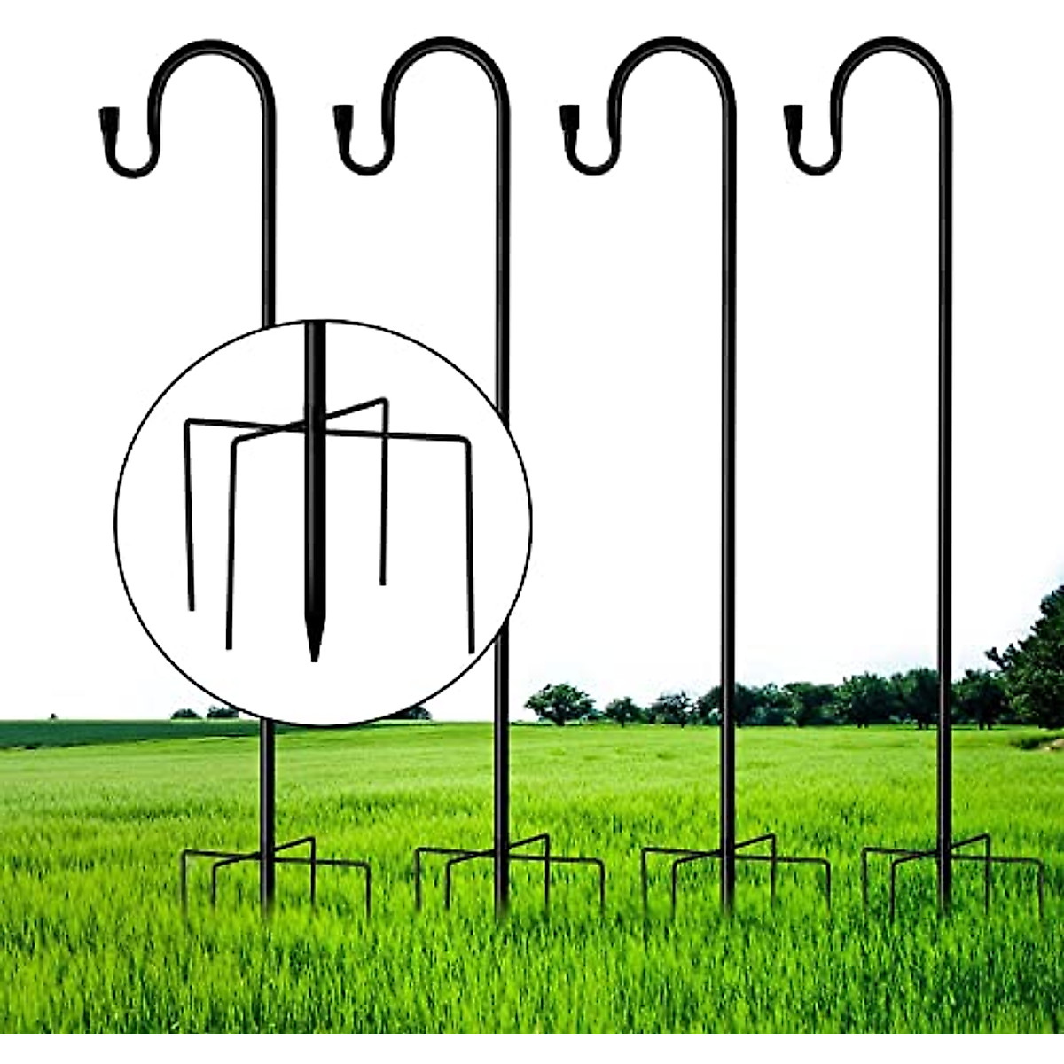47 Inch Outdoor Shepherd Hook with 5 Prong Base(2 Packs),Adjustable Hanger for Outdoor,Garden Flower Planter,Bird Feeder,Plant Baskets (Black)