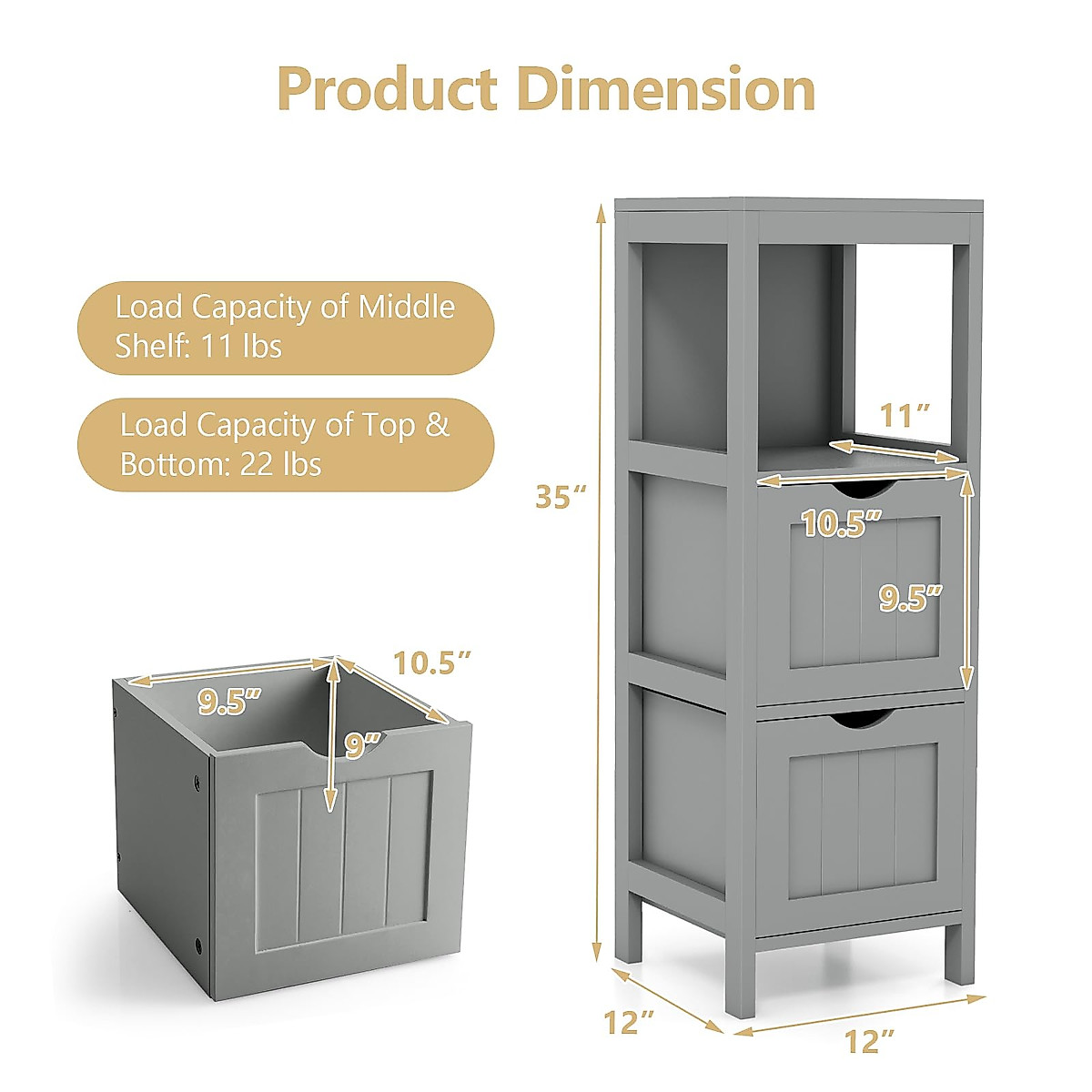 Tangkula Small Bathroom Storage Cabinet with 2 Removable Drawers, Wood Freestanding Floor Cabinet for Bathroom, Anti-Tipping Device, Side Corner Small Cabinet for Small Spaces (Grey)