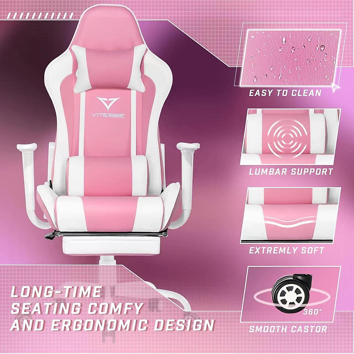 VITESSE Pink Gaming Chair with Footrest Cute Kawaii Gaming Chair for Girl Gamer Chair Ergonomic Office Desk Chair Racing Chair Adjustable High Back Chair with Lumbar Support and Headrest,Pink/White
