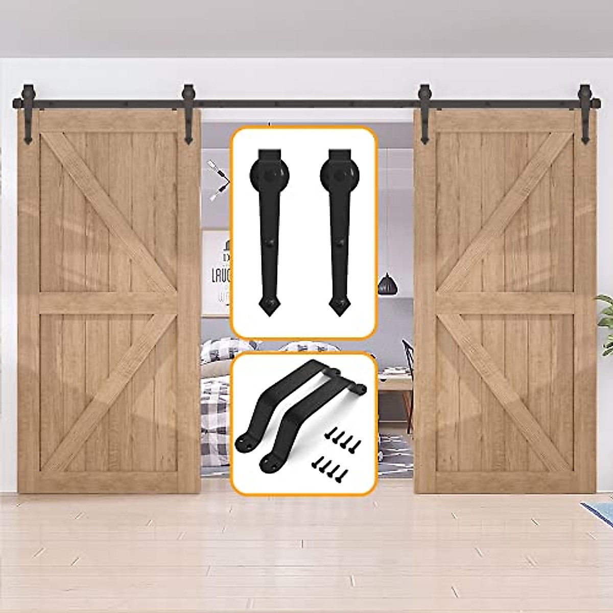 STIALO 6.6 FT Double Door Barn Door Hardware Kit, Sliding Door Hardware for Double Door, Heavy Duty Black Steel Arrow Shape Hanger, Include Track Kit, Floor Guide & Pull Handle