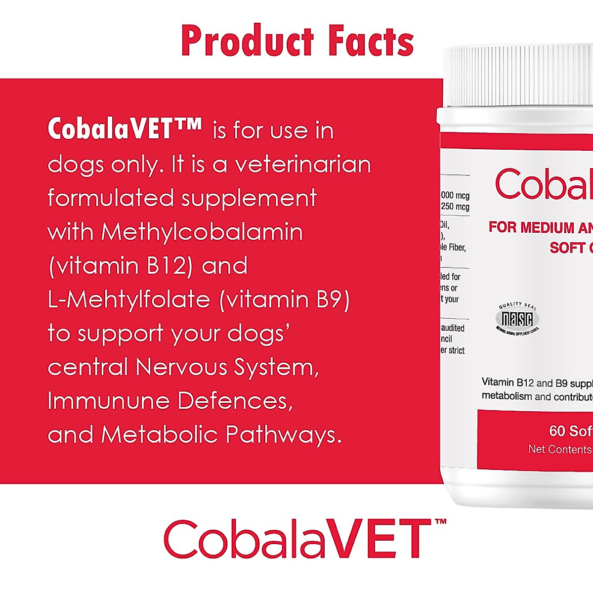 CobalaVet Vitamin B12 & B9 for Small Dogs & Cats - Supports The Nervous System, Brain Function, Immune Defenses & Cell Growth - Blood Cell Formation - Metabolic Pathway - 60 Soft Chews