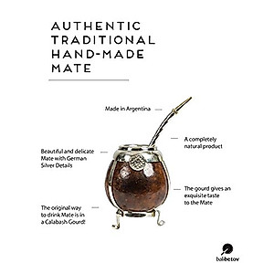 BALIBETOV [New Handmade Yerba Mate Gourd Set - German Silver Trim and Base - [Mate Cup] with Bombilla [Yerba Mate Straw] (Dark Brown)