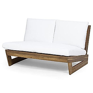 Great Deal Furniture Kaitlyn Outdoor Acacia Wood Loveseat with Cushions, Teak and White