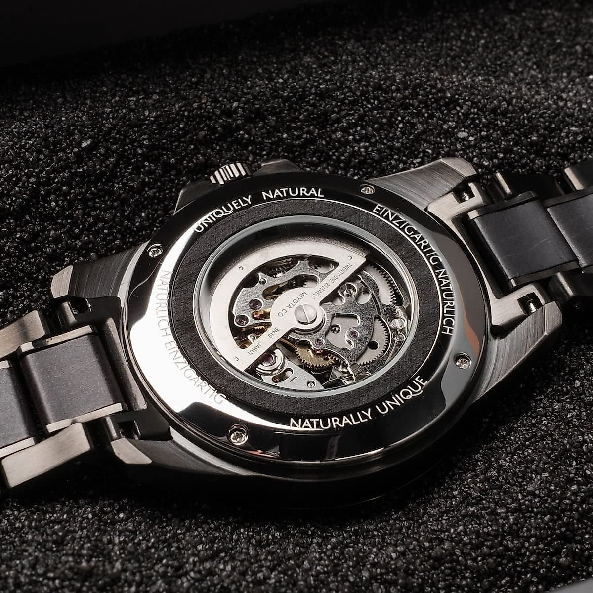 HOLZKERN Navona Men’s Watch, 43mm Gold/Gray Skeleton Dial, Brushed Stainless Steel Strap, Vintage Watch for Men