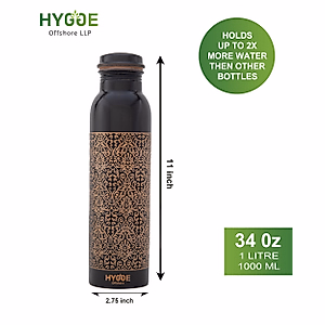 HYGGE Copper Water Bottle - 34 Oz Extra Large - A Antique Engraved Ayurvedic Pure Copper Vessel For Drinking - Drink More Water, Lower Your Sugar Intake And Enjoy The Health Benefits Immediately