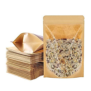 100 PCS Stand Up Pouches, 4.7 x 7.8 inch Kraft Paper Food Bags with Clear Window, Reusable Ziplock Food Storage Bags Resealable Pouches for Foods, Coffee Beans, Snacks