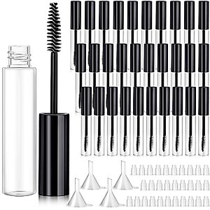 30 Pieces 10 ml Empty Mascara Tubes Eyelash Wand Refillable Clear Bottles Cream Container with 4 Pieces Transparent Funnels Transferring Castor Oil for DIY Cosmetics (Black)