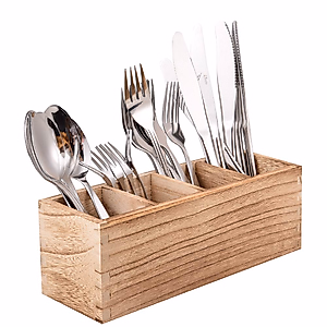 WuGeShop Wood Cutlery Caddy, Kitchen Utensil Organizer with 4 Adjustable Smart Compartments, Silverware Storage Kitchen Countertop Flatware Organizer