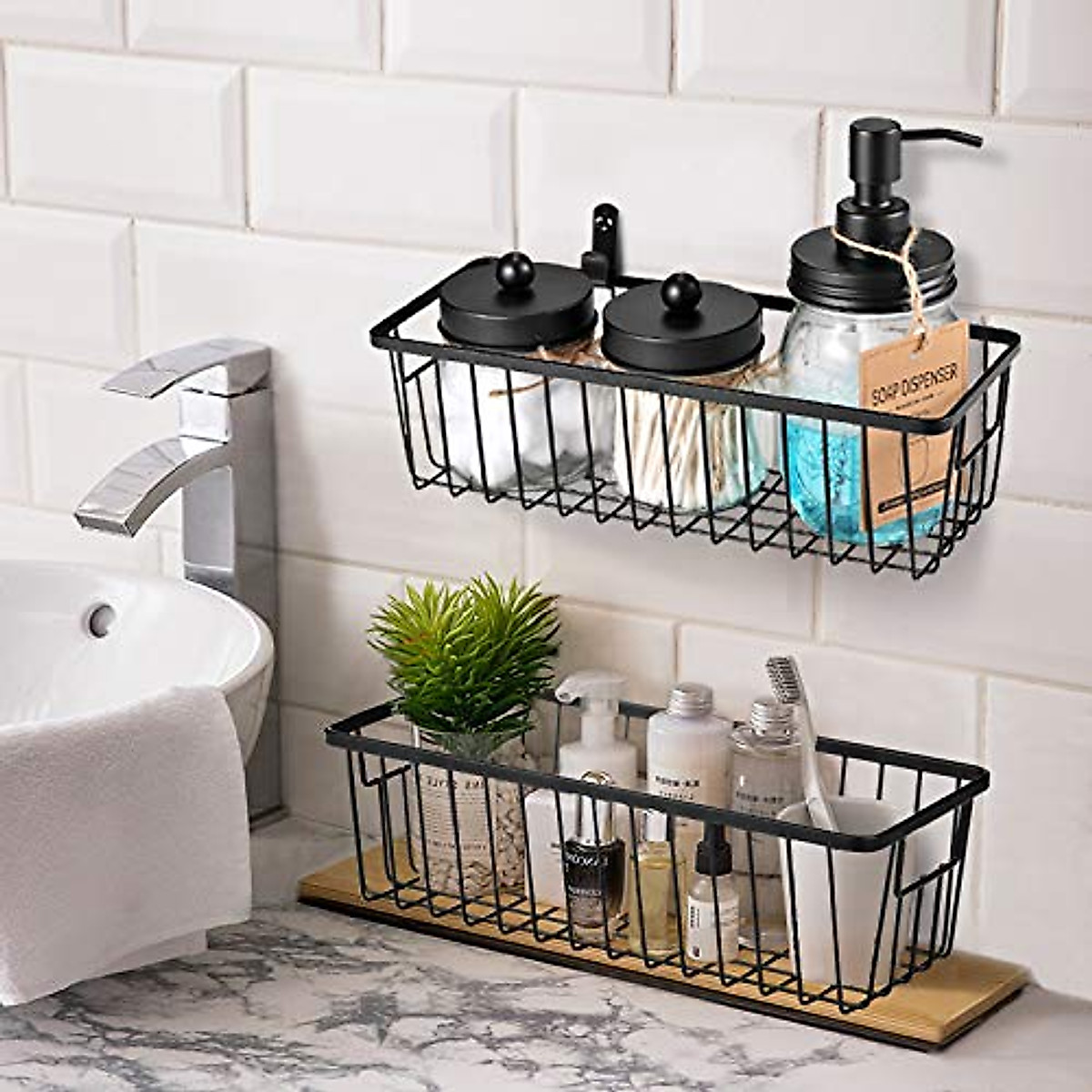 SheeChung Farmhouse Decor Metal Wire Bathroom Storage Organizer Basket Bins - for Cabinets, Shelves, Closets, Vanity Countertops, Under Sinks, Pantry, Laundry Room, Garage - Small, 2 Pack (Black)