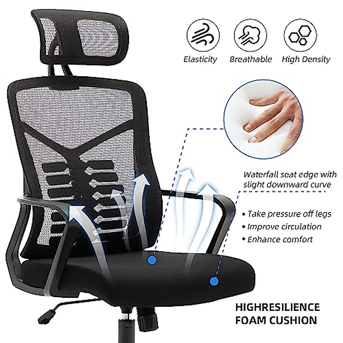 EnjoySeating Office Chair, Adjustable Desk Chair, Rebound Seat Cushion, 2D Big Curved Headrest, Breathable Mesh High Back, Comfortable Lumbar Support, Rocking Relaxation Function, Black