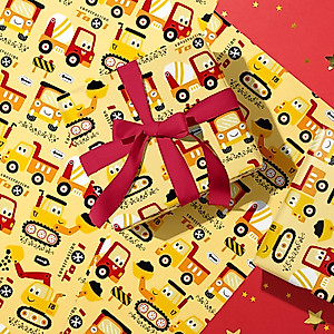 WRAPAHOLIC Construction Wrapping Paper Roll - Mini Roll - 17 Inch x 9.8 Feet - Yellow Digger Tractor Truck Design for Kids Boys Birthday, Baby Shower