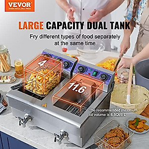 VEVOR Commercial Electric Deep Fryer, 22.7Qt Electric Oil Fryer w/Time Control & Oil Filtration, Stainless Steel Large Deep Fryer for Restaurant and Home Use, 3000W w/Dual Removable Basket, Silver