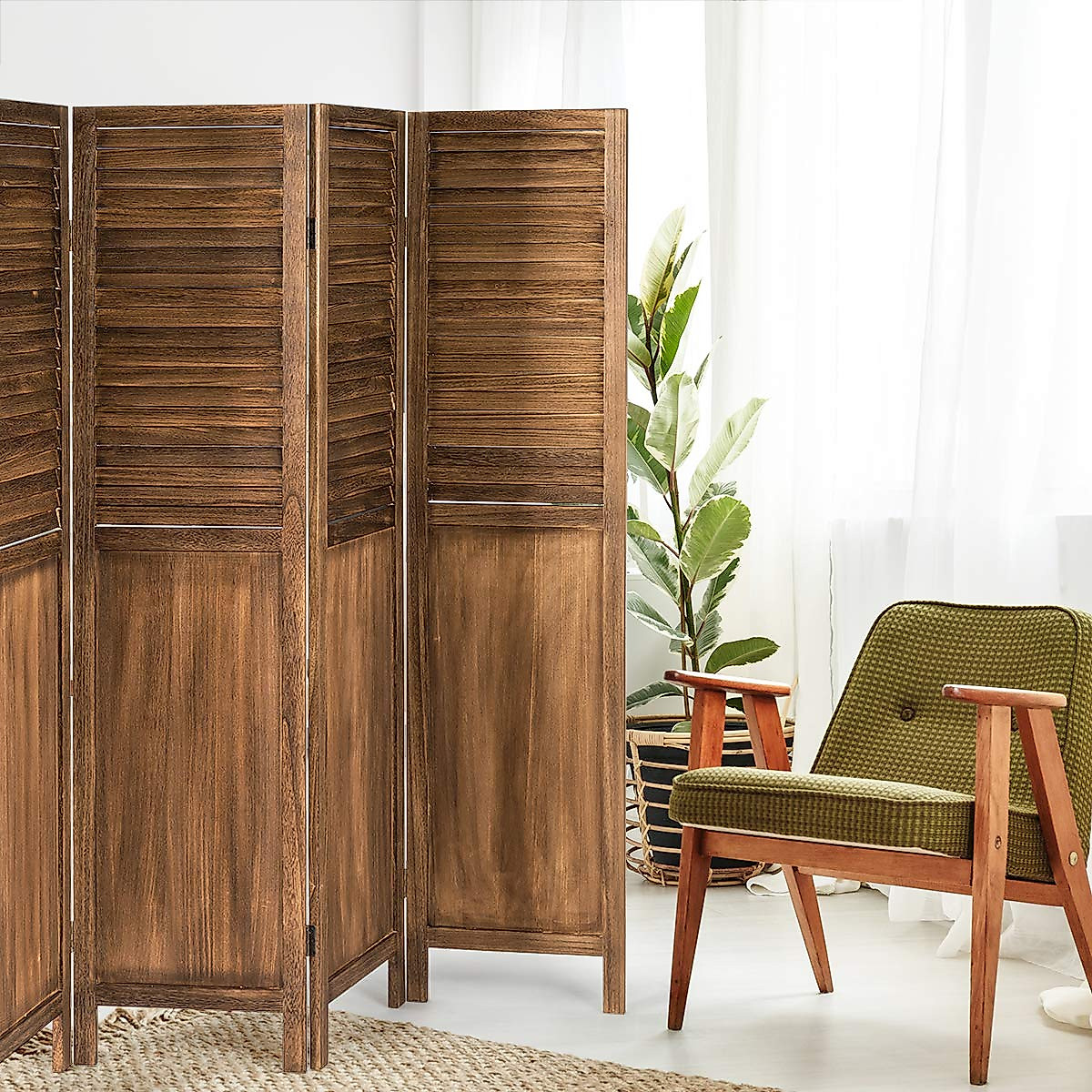 Giantex 4 Panel 6 ft Wooden Room Divider, Portable Partition Screen, Perfect Zoom Background, Wood Panel Dressing Screen, Indoor Outdoor Folding Privacy Screens for Home Office Barn Garden, Khaki