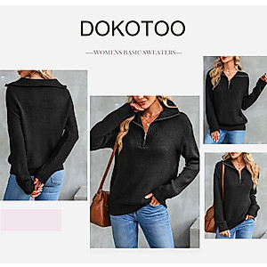 Dokotoo Oversized Quarter Zip Pullover Sweaters for Women Cute Waffle Knit Oversized Fall Winter Outfits Jumpers TopFashion V Neck Long Sleeve Warm Cozy Polo Ladies Black Sweater X-Large