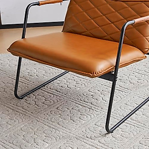 Penifun Accent Chair and Ottoman Set, PU Leather Upholstered Comfy Side Leisure Lounge Armchair with Metal Frame & Lattice Back, Footstool for Living Room, Orange