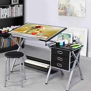 Yaheetech Drafting Desk, Drawing Table for Artists/Adults, Art Desk w/Stool and 3 Slide Drawers, Painting Studio Design Work Station, Adjustable Tabletop