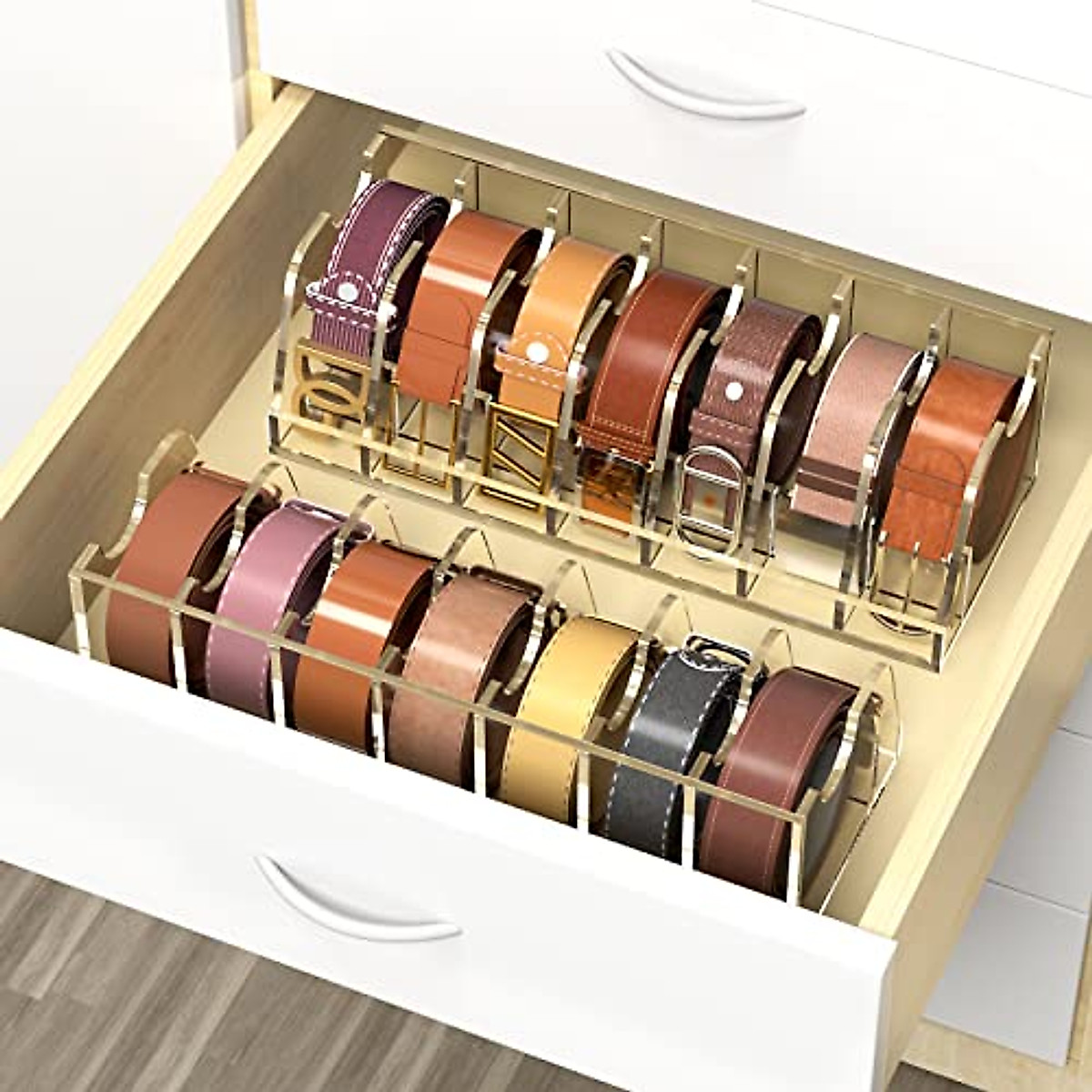 NIUBEE Belt Organizer, Acrylic Belt Storage Holder for The Closet and Drawer, 7 Compartments Belt Box with Display Stand