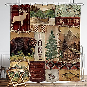 LIGHTINHOME Retro Cabin Shower Curtain 60Wx72H Inches Rustic Bear Deer Country Hunting Wildlife Lodge Tribal Farmhouse Western Bathroom Home Decor Cloth Fabric Waterproof Polyester Set with Hooks