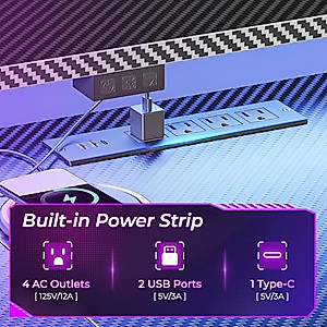 SUPERJARE Desk L Shaped Gaming Desk with LED Lights & Power Outlets, Computer Desk with Monitor Stand, Home Office Desk Corner Desk with Headphone Hooks, Carbon Fiber Black
