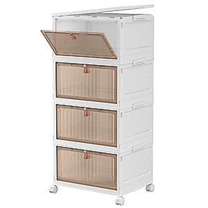 4 Tier Plastic Storage Bins with Lids 28QT, Stackable Storage Containers with Wheels, Folding Storage Boxes, Collapsible Storage Bins, Closet Organizers and Storage for Living Room,Office,Dorm