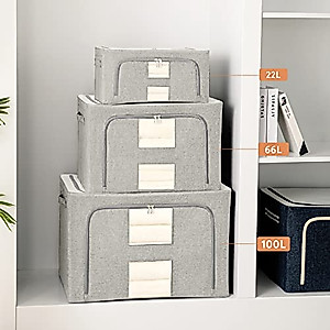 3 Pack Clothes Storage Organizer Bins Containers -Stackable Metal Frame Storage Bins Foldable Oxford Cloth Box for Clothing Storage with Clear Window & Reinforced Handles