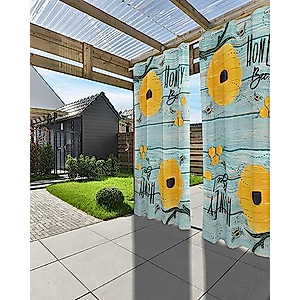 Outdoor Curtains for Patio 2 Panels Set Honey Bee Beehive Under Branch Blue Wooden Plank Waterproof Privacy Outside Curtain Sun Blocking Grommet Drapes for Porch Gazebo Pergolas Balcony 52x108 Inch