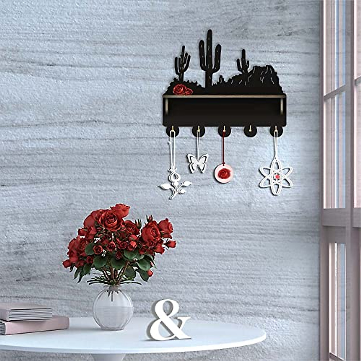 The Geeky Days Cliffs Cactus Key Holder for Wall, Desert Plant Wooden Wall Mounted Hat Coat Rack with Mail Medal Organizer Shelf, 5 Metal Hooks Hanger, for Closet Door Hanging Rustic Home Decor