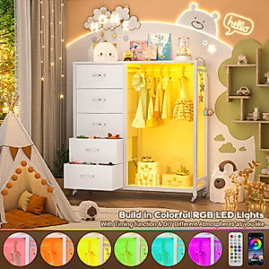 Girapow Dresser for Bedroom with Hanging Rack, White 5 Drawers Dresser with Power Outlets & LED Lights, 2-1 Storage Unit Dressers with Lockable Wheels, Wooden Top, Bedroom, Closet, Entryway, White