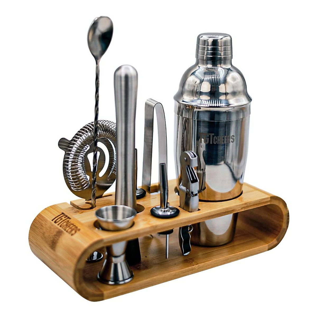 TGT CHEERS Cocktail Shaker Set with Stylish Bamboo Stand 11-pcs | Home Mixology Bartender Kit Gift Box | Cocktail Making Barware tool Set Mixer 25 oz Coctelera Perfect for Home Christmas Gift for him