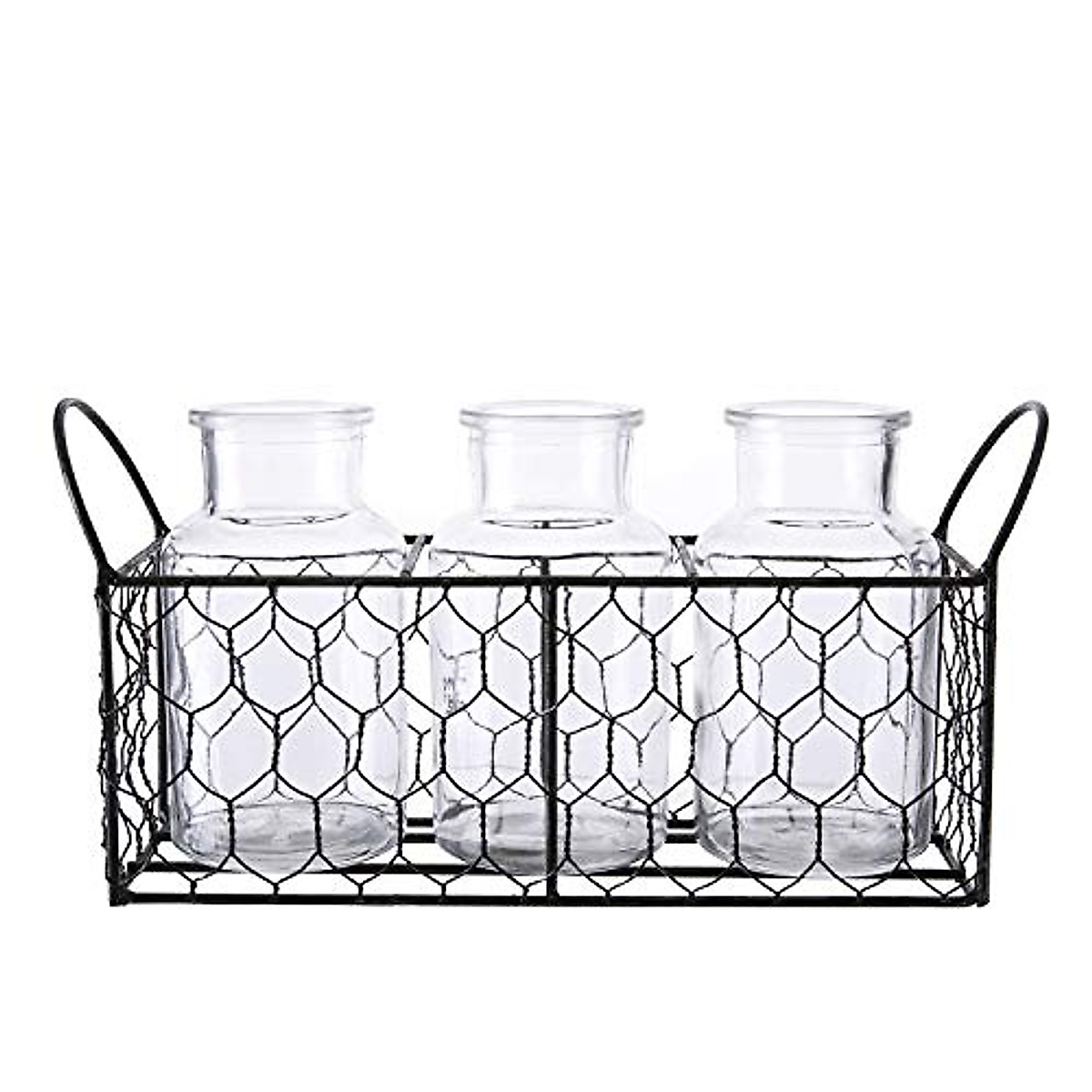 Diamond Star 3Pcs Clear Glass Milk Bottle Vases in Basket Caddy Vintage Style Jars Sets (3Pcs , 11"L X 3"W X 5.5"H)