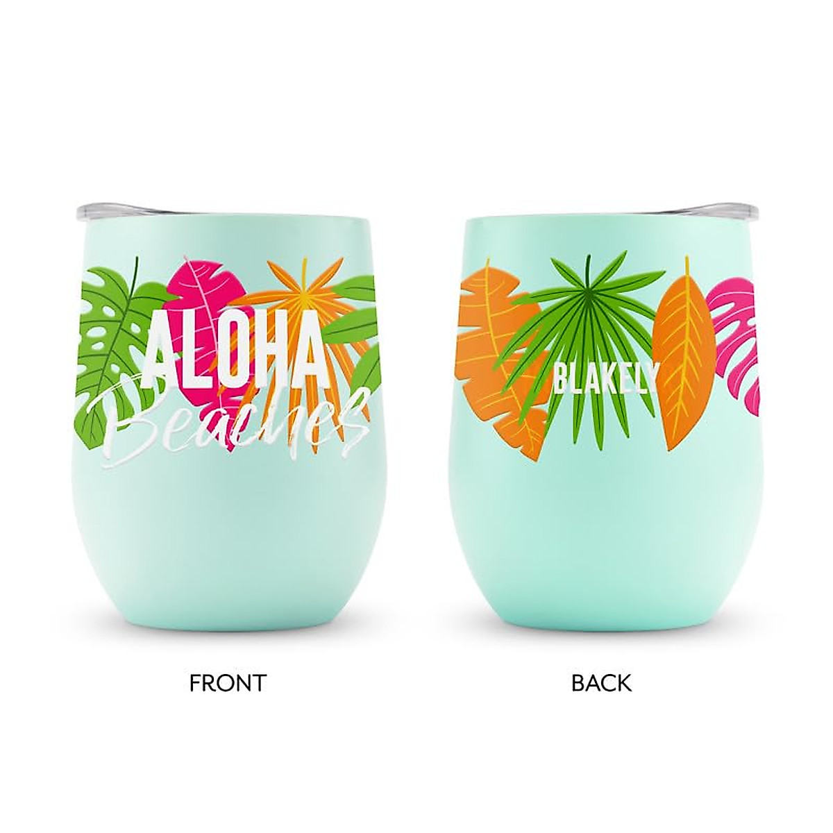 WEDDINGSTAR Personalized Stemless Travel Tumbler 12oz – Insulated Stainless Steel Wine Glass with Lid - Aloha Beaches - Blue