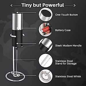 Electric Milk Frother Handheld Mini Foam Maker for Lattes - Whisk Drink Mixer for Coffee with Stainless Steel Stand | Powerful Milk Frother Handheld for Lattes Frappe Matcha Hot Chocolate-Black