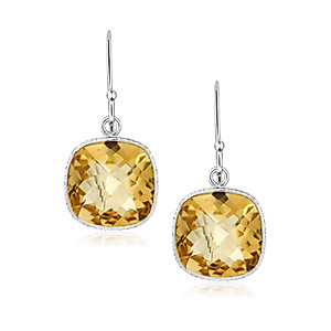 Gem Stone King 925 Sterling Silver Yellow Citrine Stud Dangle Earrings For Women (10.00 Cttw, Gemstone Birthstone, 11MM Cushion Cut)