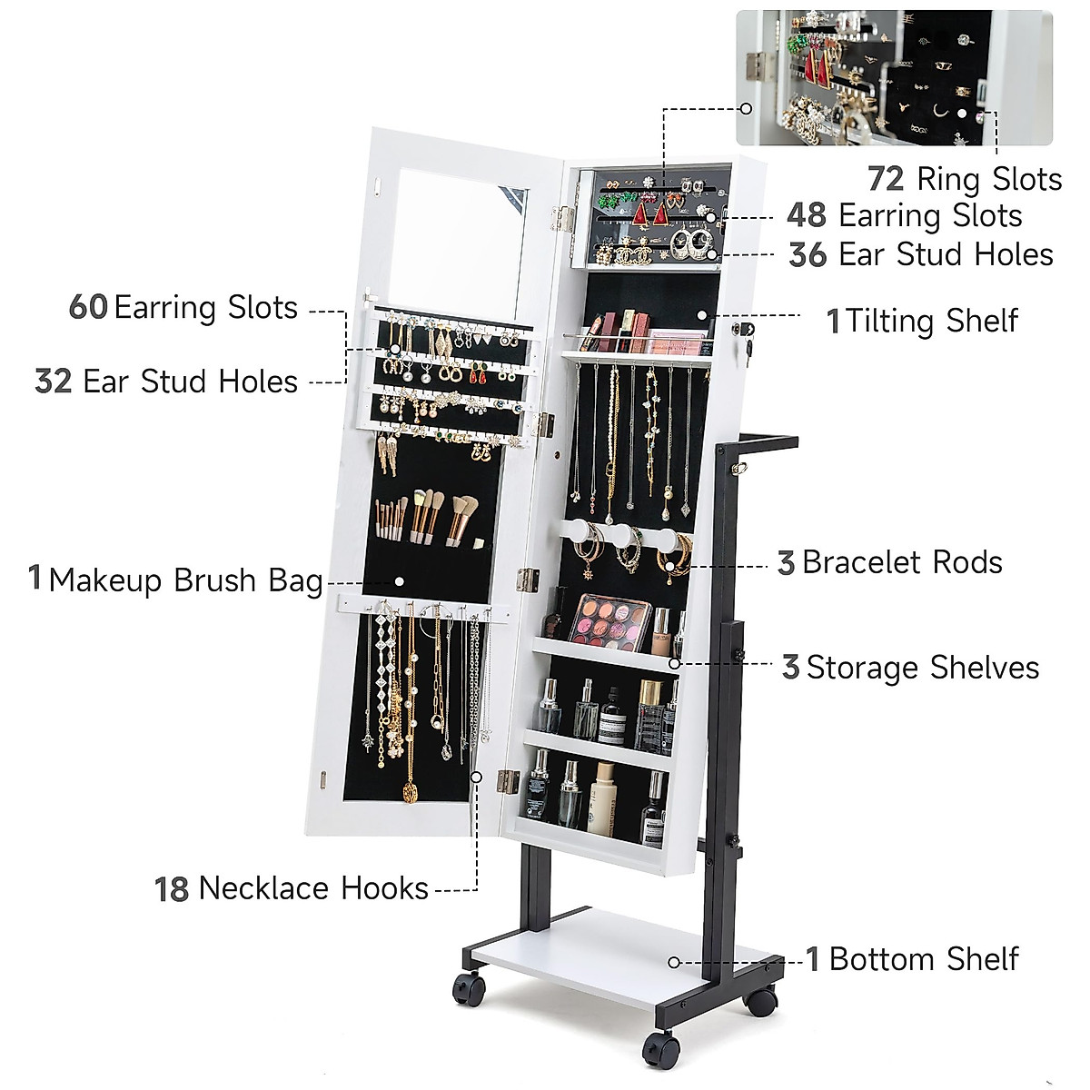 LAVIEVERT LED Mirror Jewelry Cabinet with 4 Wheels, 47.2" Full Length Mirror with 3 Color Lights, Lockable Jewelry Armoire with Built-in Mirror, Bottom Shelf, 3 Adjustable Angles & Height - White