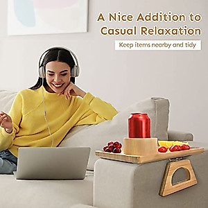 BS-VOG Couch Arm Table Tray, Bamboo Sofa Armrest Clip on Tray with Removable Couch Cup Holder, Portable Recliner Arm Rest Organizer for Eating, Drinks, Snacks, Remote, Phone, No Installation